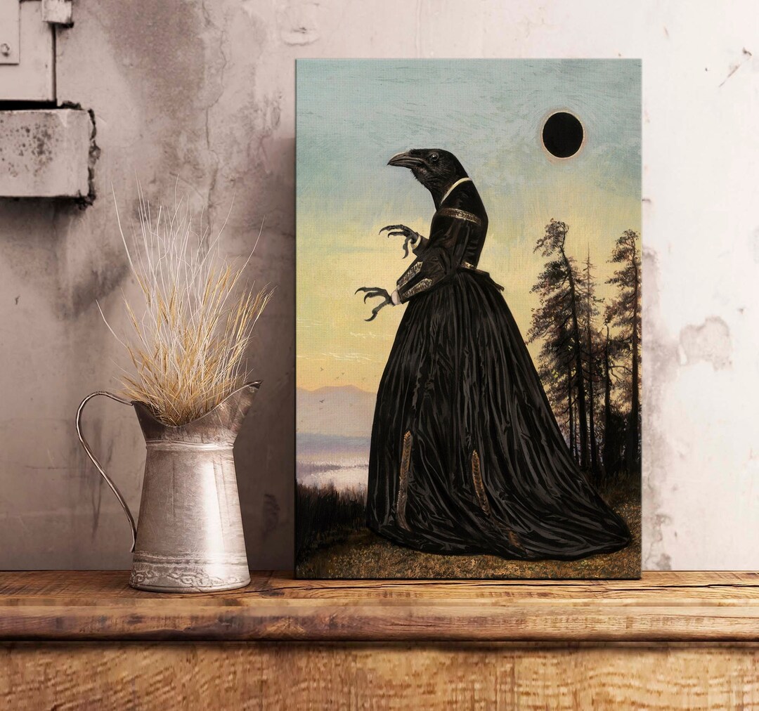 Crow Black Dress Surrealism Canvas Wall Art Crow Painting Print Surreal ...