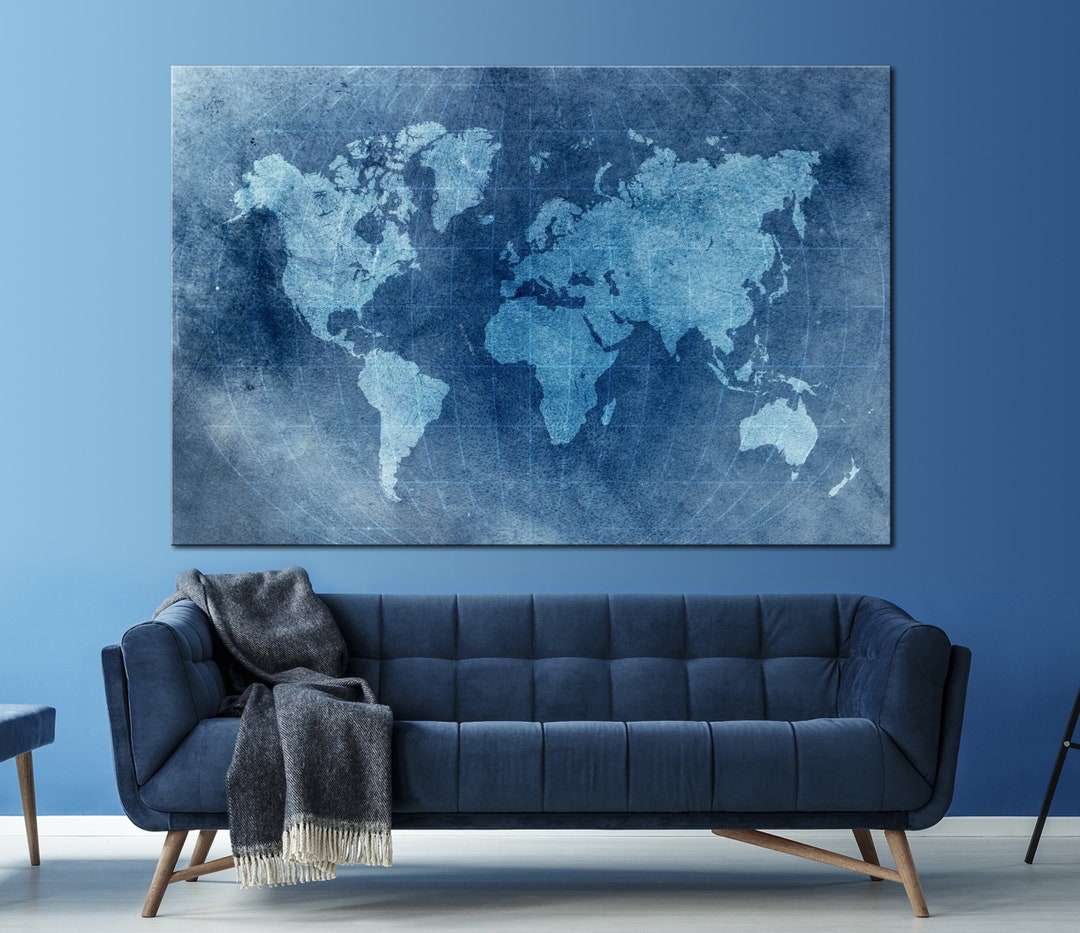 Abstract Blue World Map Canvas Wall Art Navy Blue Watercolor World Map ...