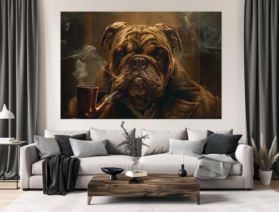 Bulldog Smoking Pipe Canvas Print Funny Dog Wall Art Man Cave Decor ...