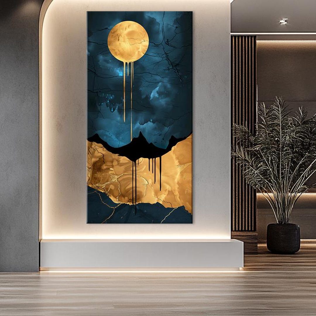 Abstract Full Moon Canvas Print Navy Blue Gold Moon Wall Art Large ...