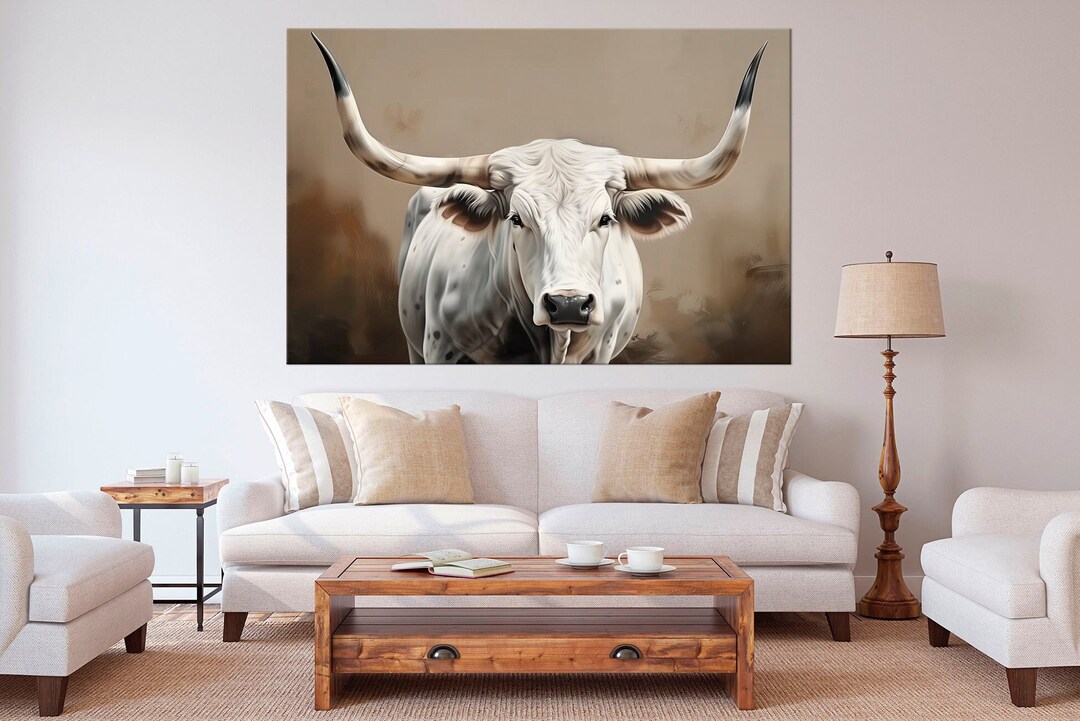 Texas Longhorn Bull Canvas Print White Bull Farmhouse Decor Cattle ...