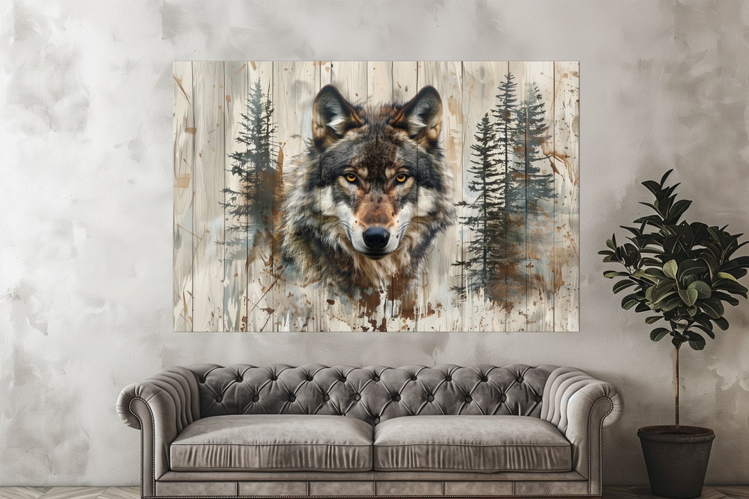 Wolf Canvas Wall Art Wolf Painting Print Wooden Background Hunting ...