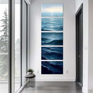 Navy Blue Ocean Canvas Wall Art Abstract Seascape Painting Print Vertical Nautical Wall Art ...