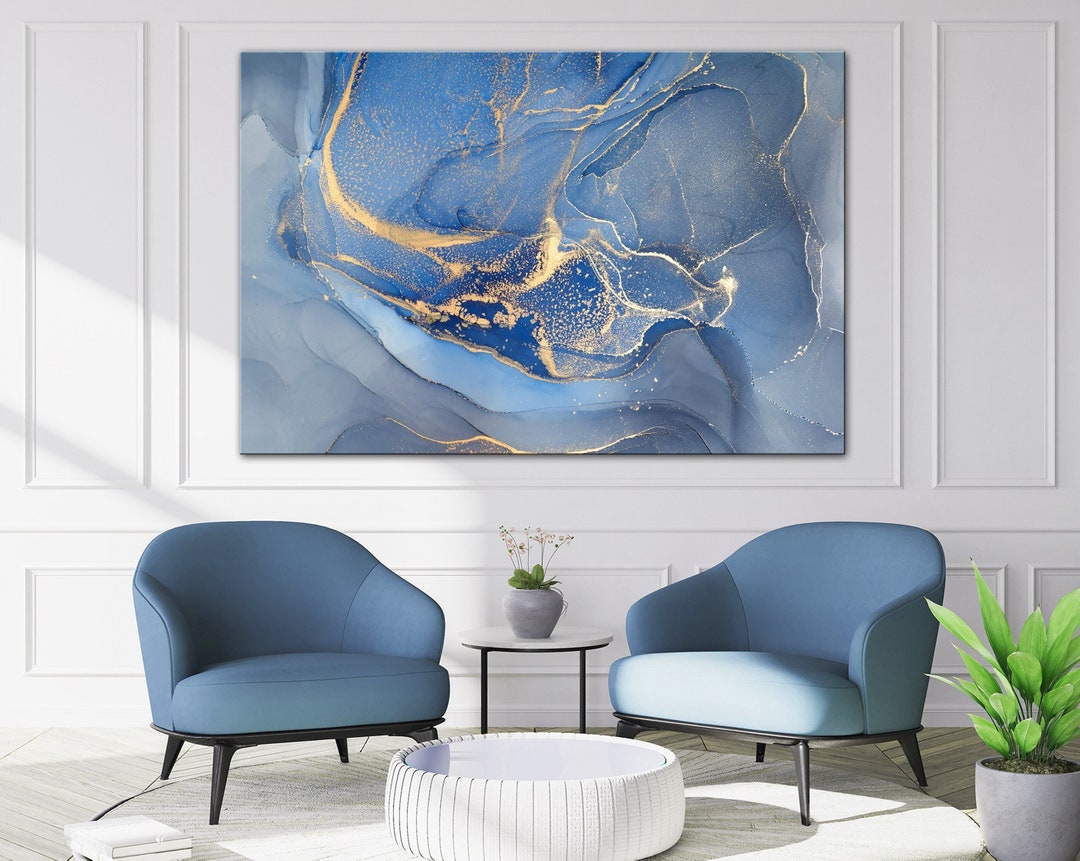 Abstract Marble Wall Art Prints Marble Wall Decor Blue Gold Abstract ...