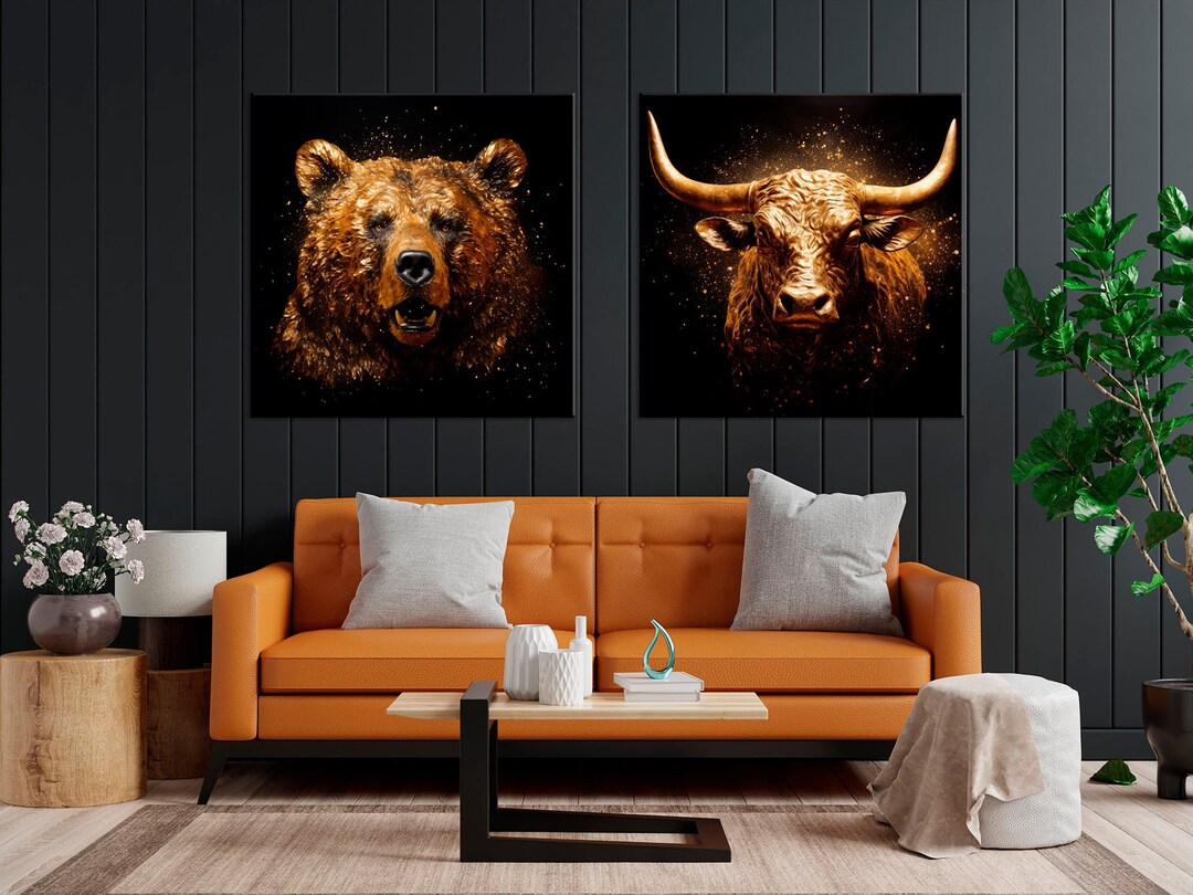 Bull Bear Canvas Print Stock Market Art Bull and Bear Wall Art Gold ...