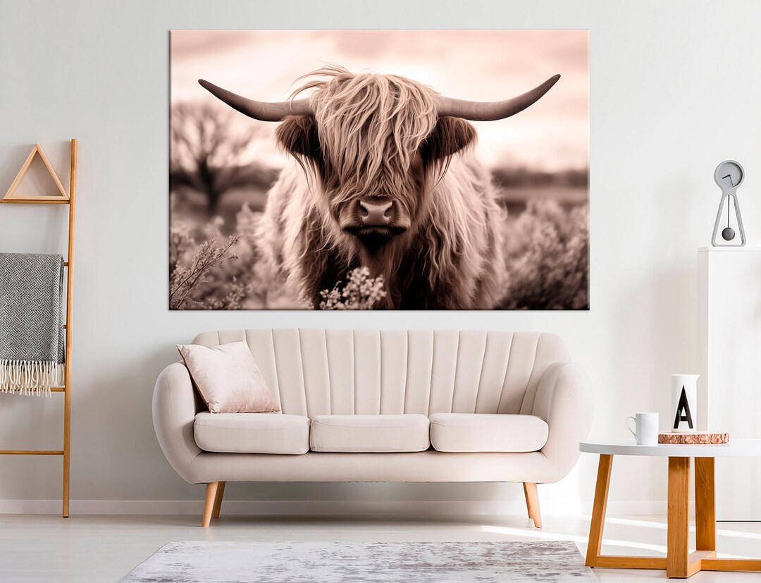 Scottisch Cow Canvas Wall Art Farm Animal Print Sepia Highland Cow Art ...