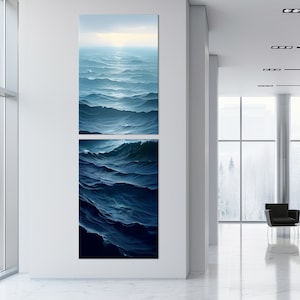 Navy Blue Ocean Canvas Wall Art Abstract Seascape Painting Print Vertical Nautical Wall Art ...