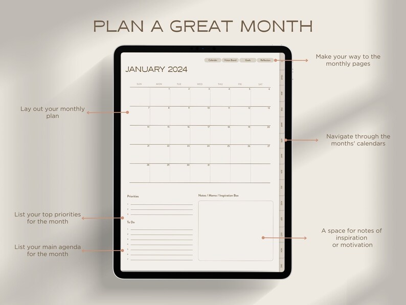 2024 Monthly Digital Planner Dated Monthly Calendar Template for iPad ...