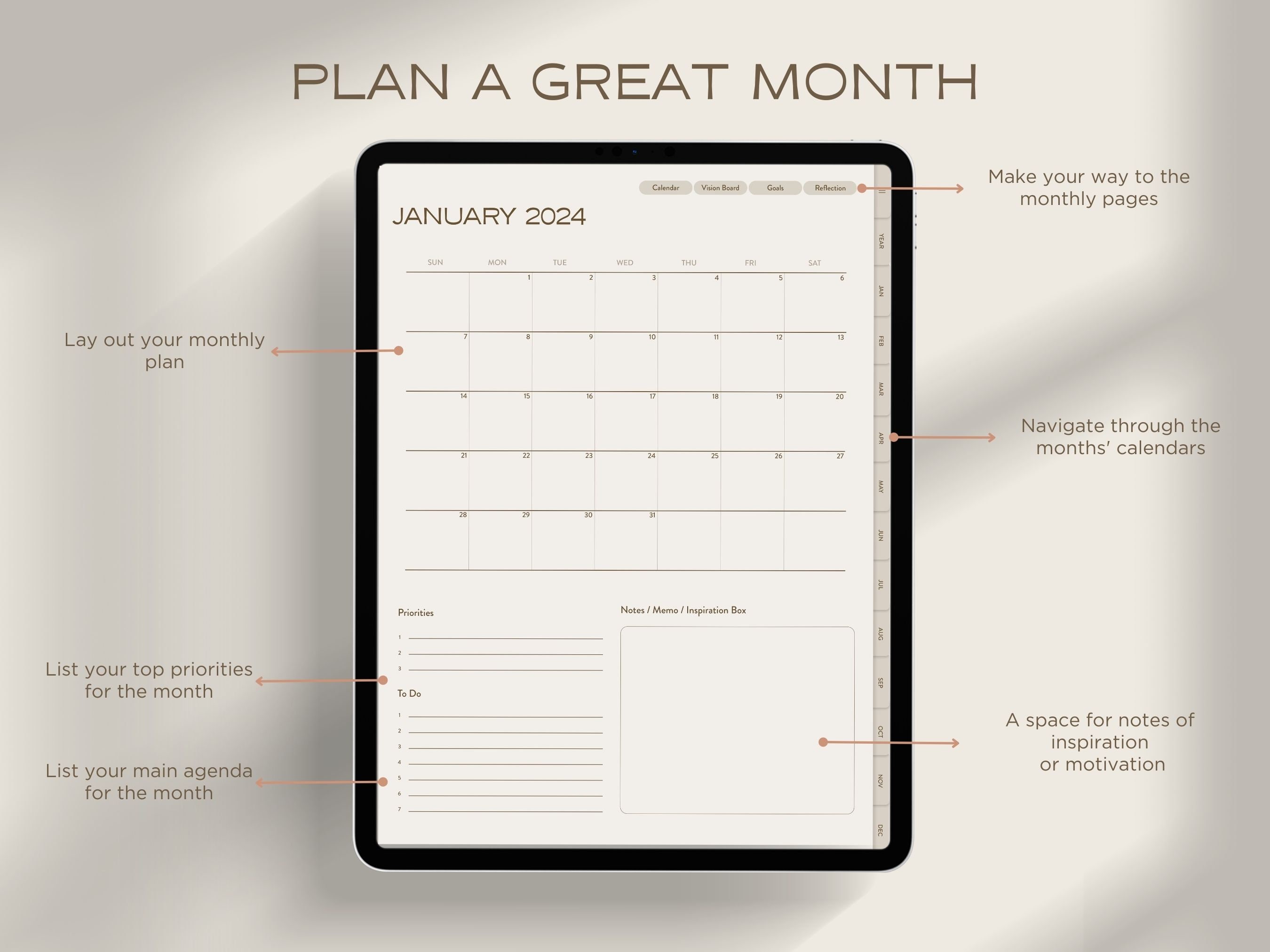2024 Monthly Digital Planner Dated Monthly Calendar Template for iPad ...