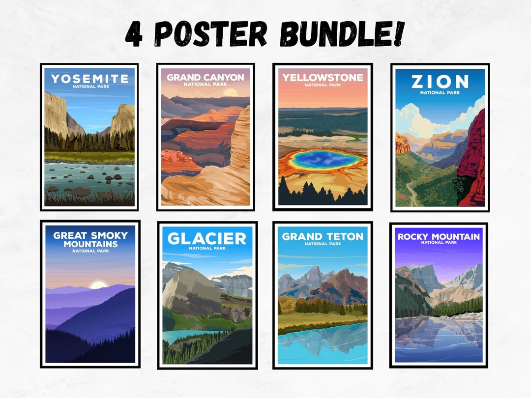 4 Poster Bundle - Vintage Style! 4 National Parks Posters | Hiking Wall ...
