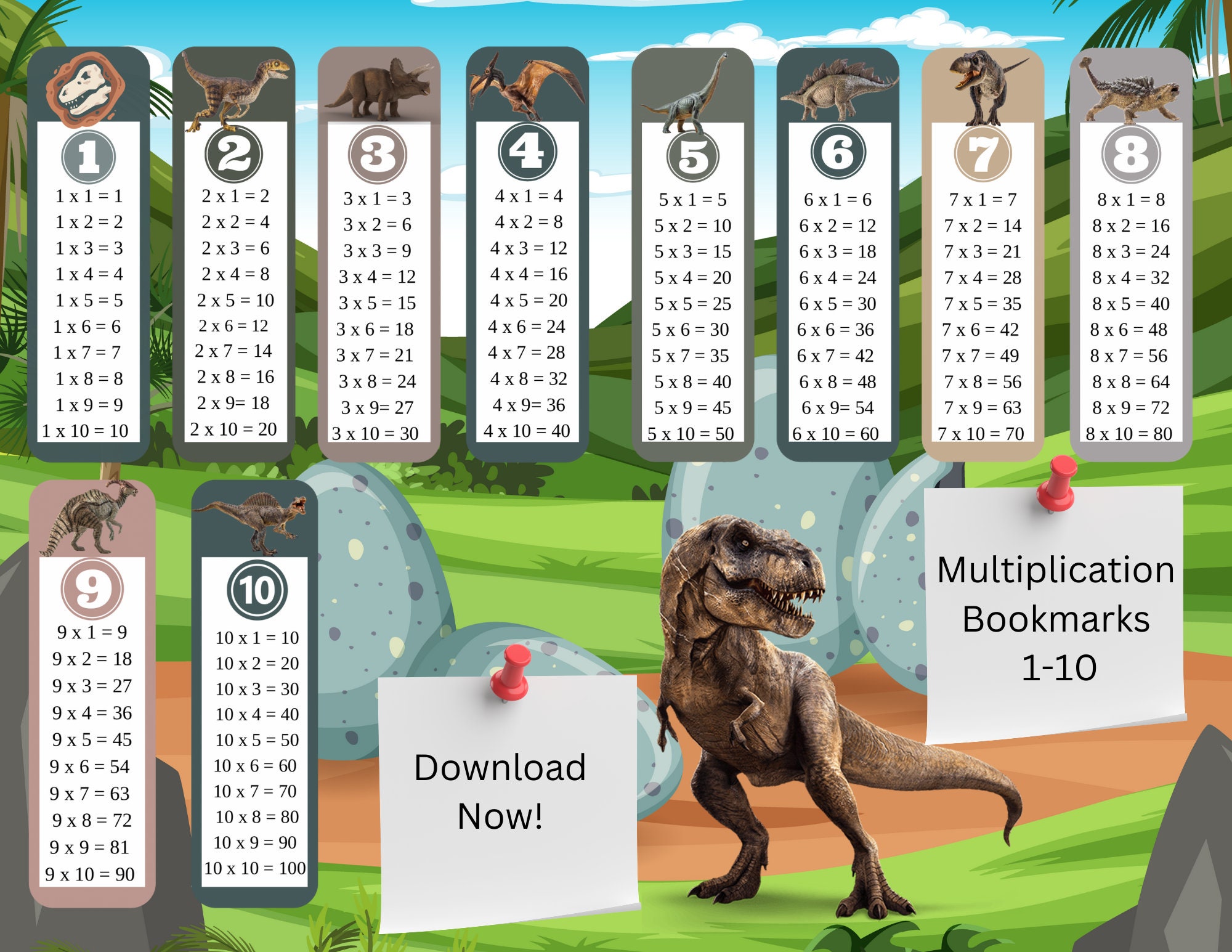 Multiplication Bookmarks Dino Theme Multiples 1-10 Instant Digital ...