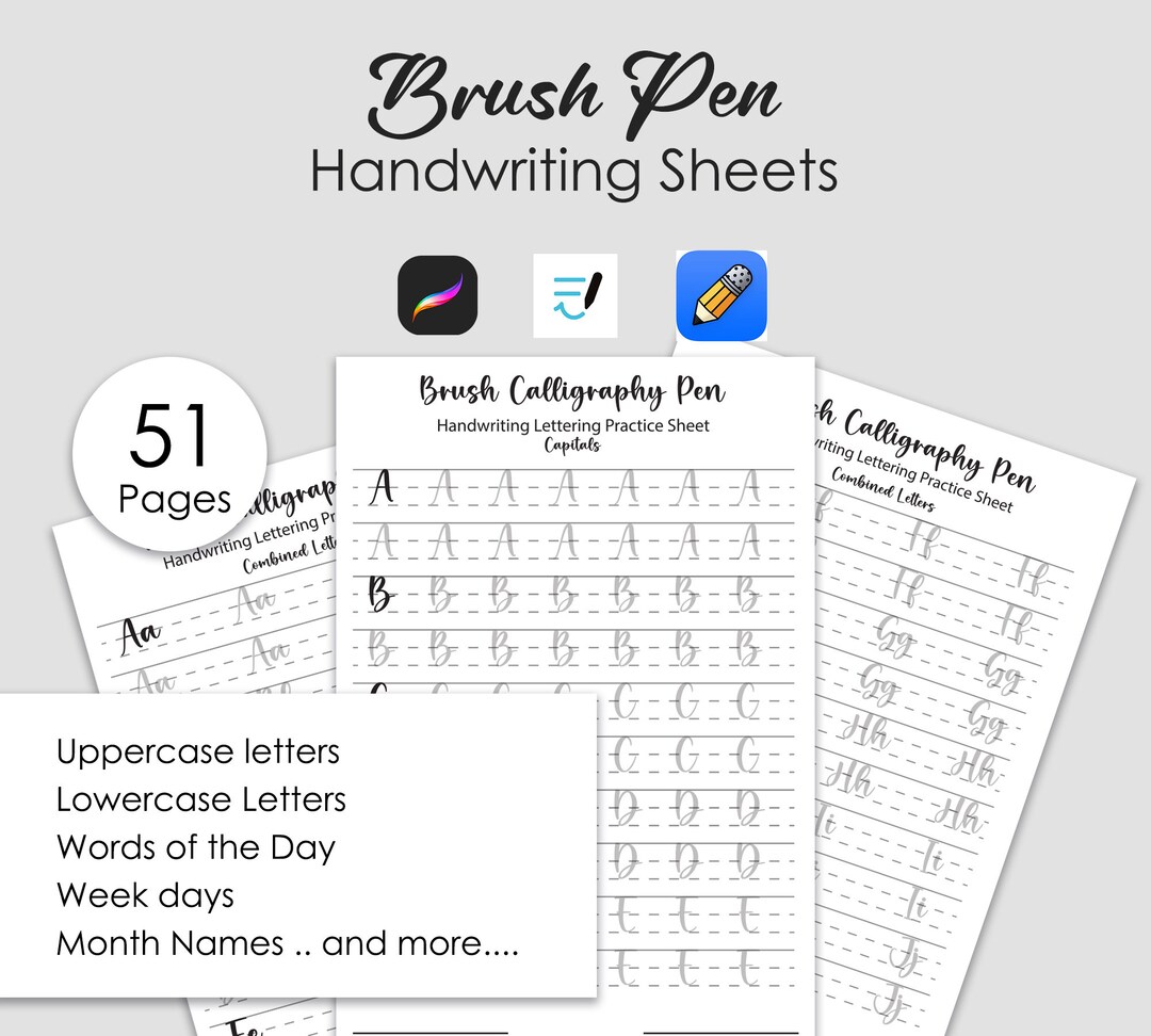 51 Page Brush Pen Hand Writing Workbook Practice Sheet Printable iPad ...