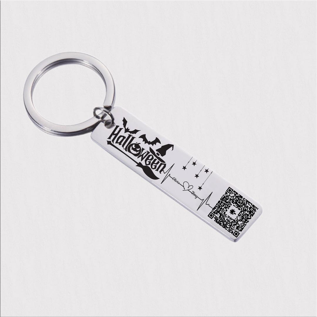 Personalized Halloween QR Code Keychain, Custom Engraved Names, Spooky ...
