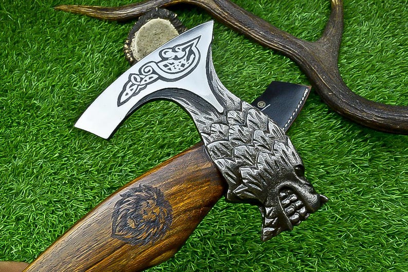 Hand Forged Viking Axe With Wolf Head, Handcrafted Decorative Axe, Medieval Wall Art, Christmas ...