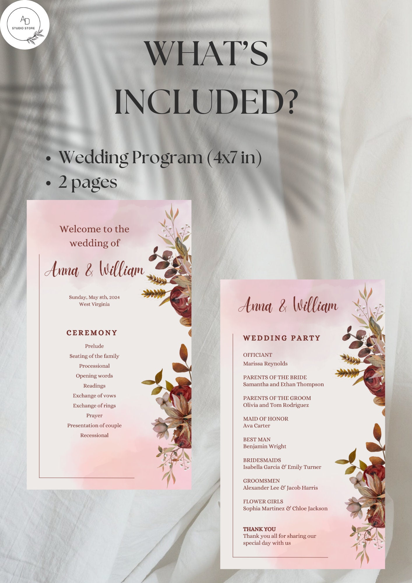 Autumn Floral Wedding PROGRAM Template, Printable Wedding Program ...