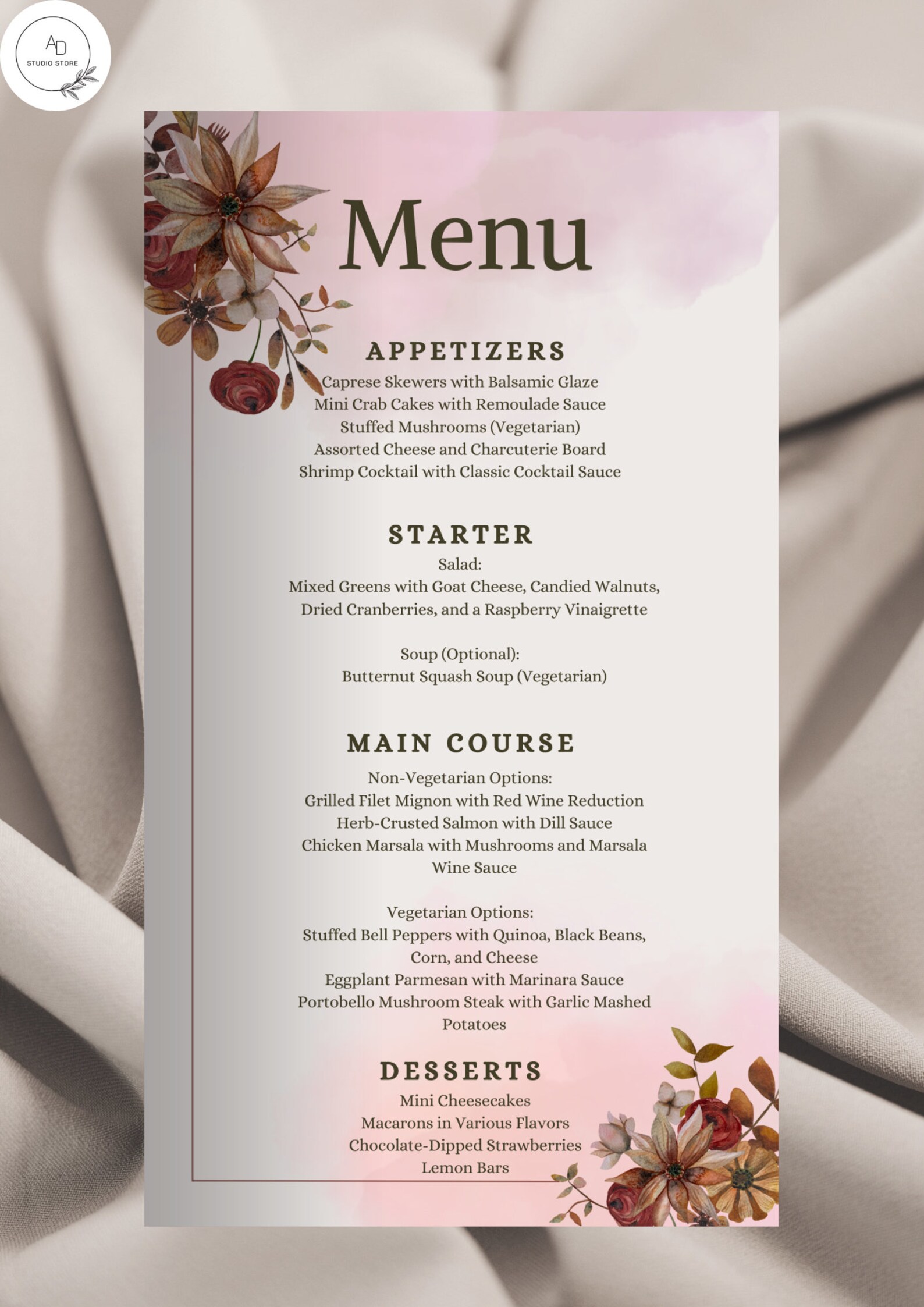 Autumn Floral Wedding Menu Template, Food and Beverages, Printable Fall ...