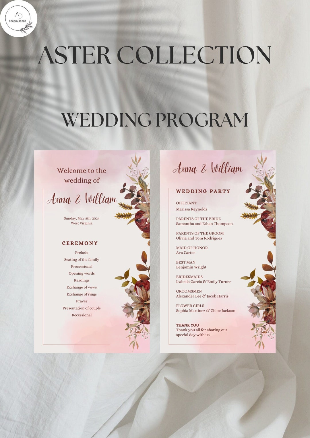 Autumn Floral Wedding PROGRAM Template, Printable Wedding Program ...