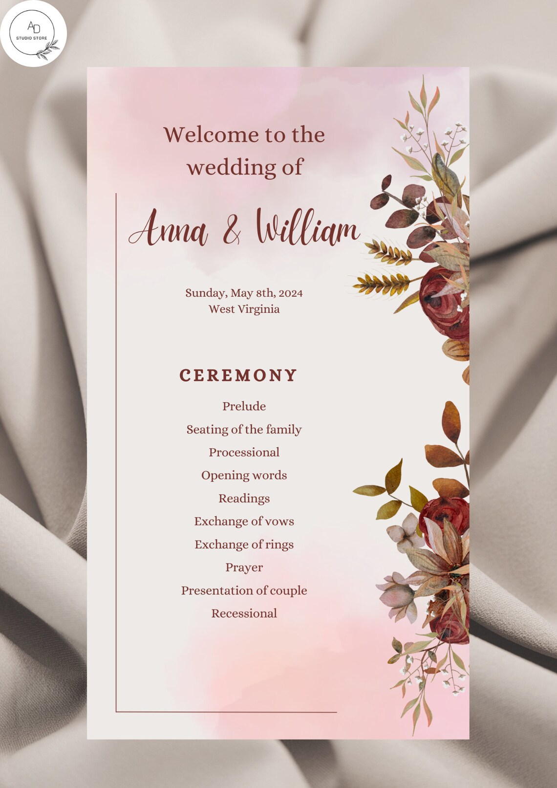 Autumn Floral Wedding PROGRAM Template, Printable Wedding Program ...