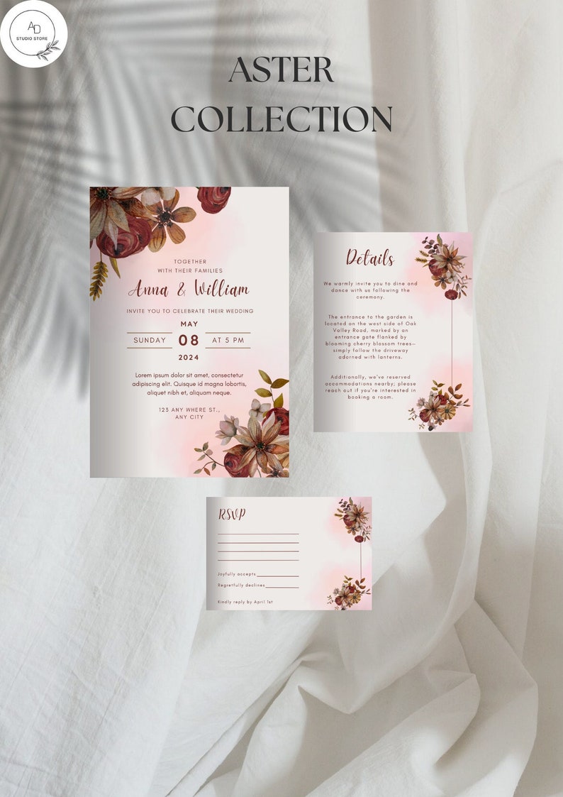 Autumn Floral Wedding Invitation Template, Printable Wedding Invitation, Elegant Wedding ...