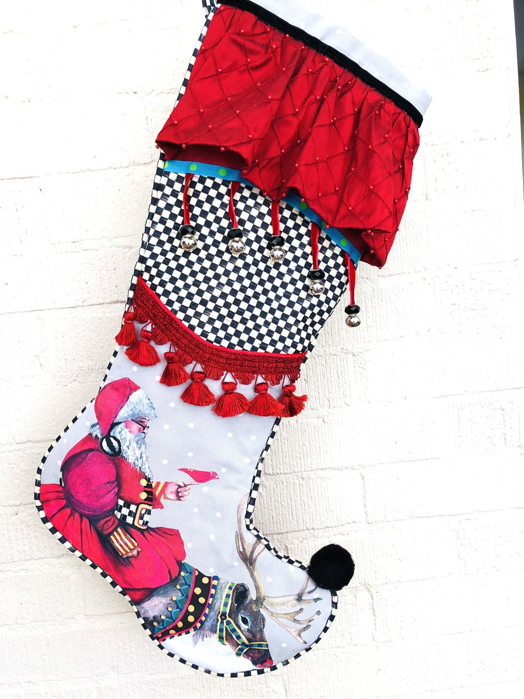 Handmade Santa Reindeer 23" Christmas Stocking: Ruffle, Tassel Gimp ...