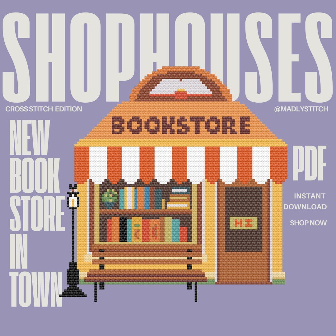Cute Bookstore Shop House Cross Stitch Pattern | Easy for Beginner | Instant PDF Download | Easy ...