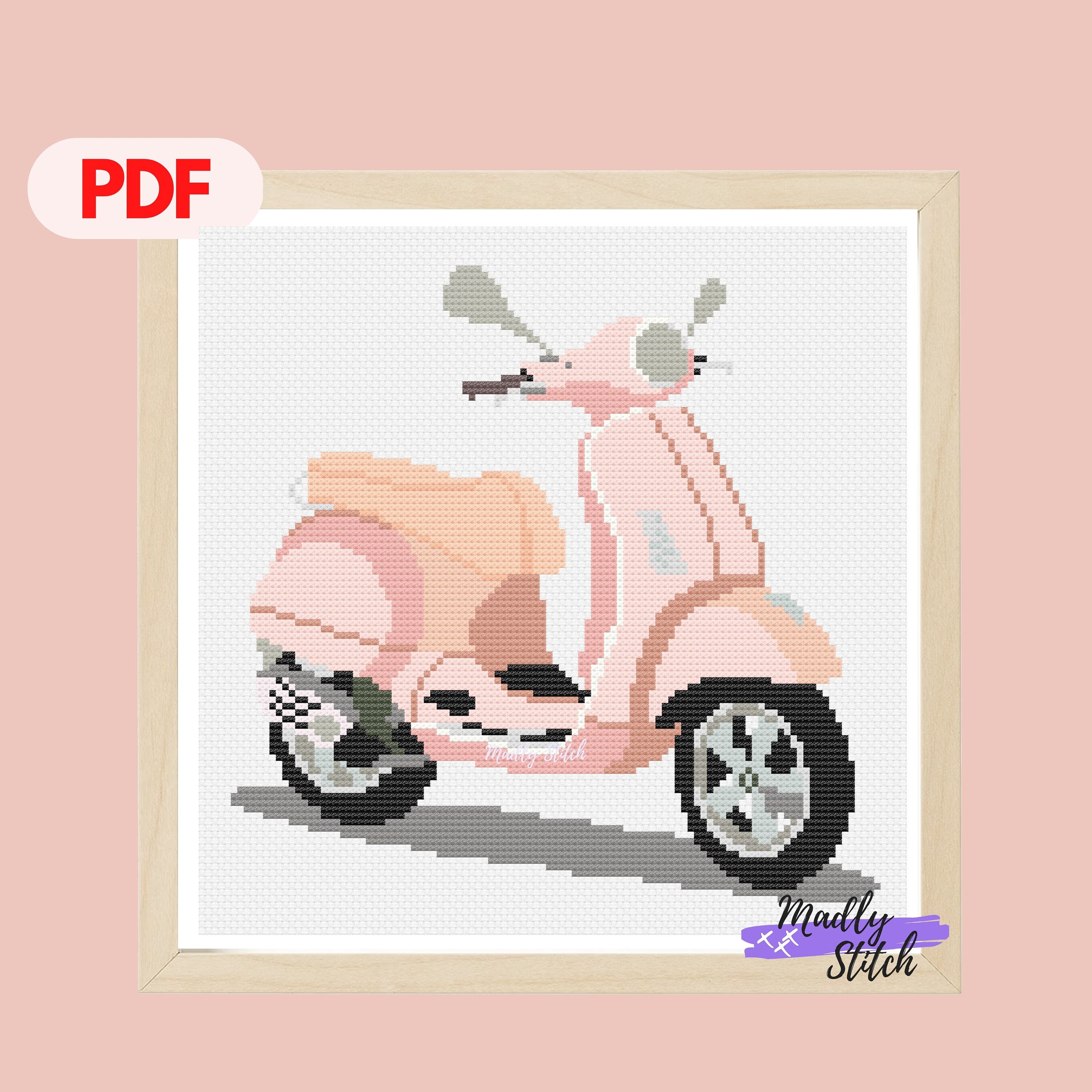 Vespa Pink Scooter Cross Stitch Pattern PDF Instant Download Easy for ...