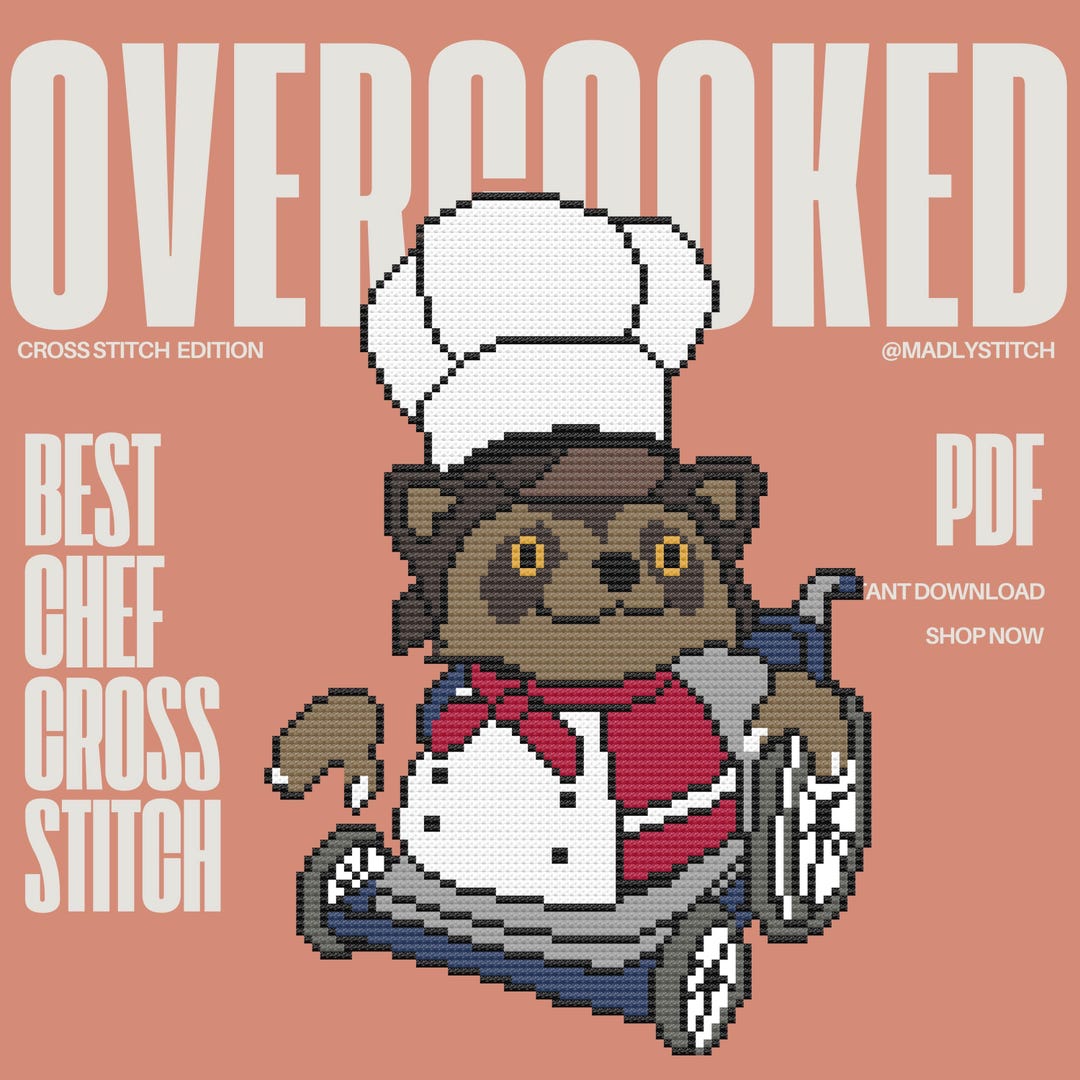 Overcooked Raccoon Wheelchair Chef Cross Stitch Pattern - Overcooked ...