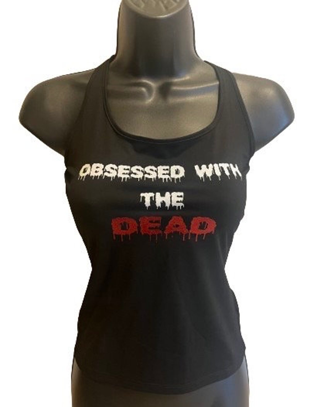 Black Form Fitting Tank Top With Obsessed With the Dead Graphic Gore ...