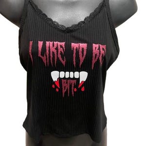Black Lace Trim Cami With I Like to Be Bit in Purple With Fangs Vampire ...