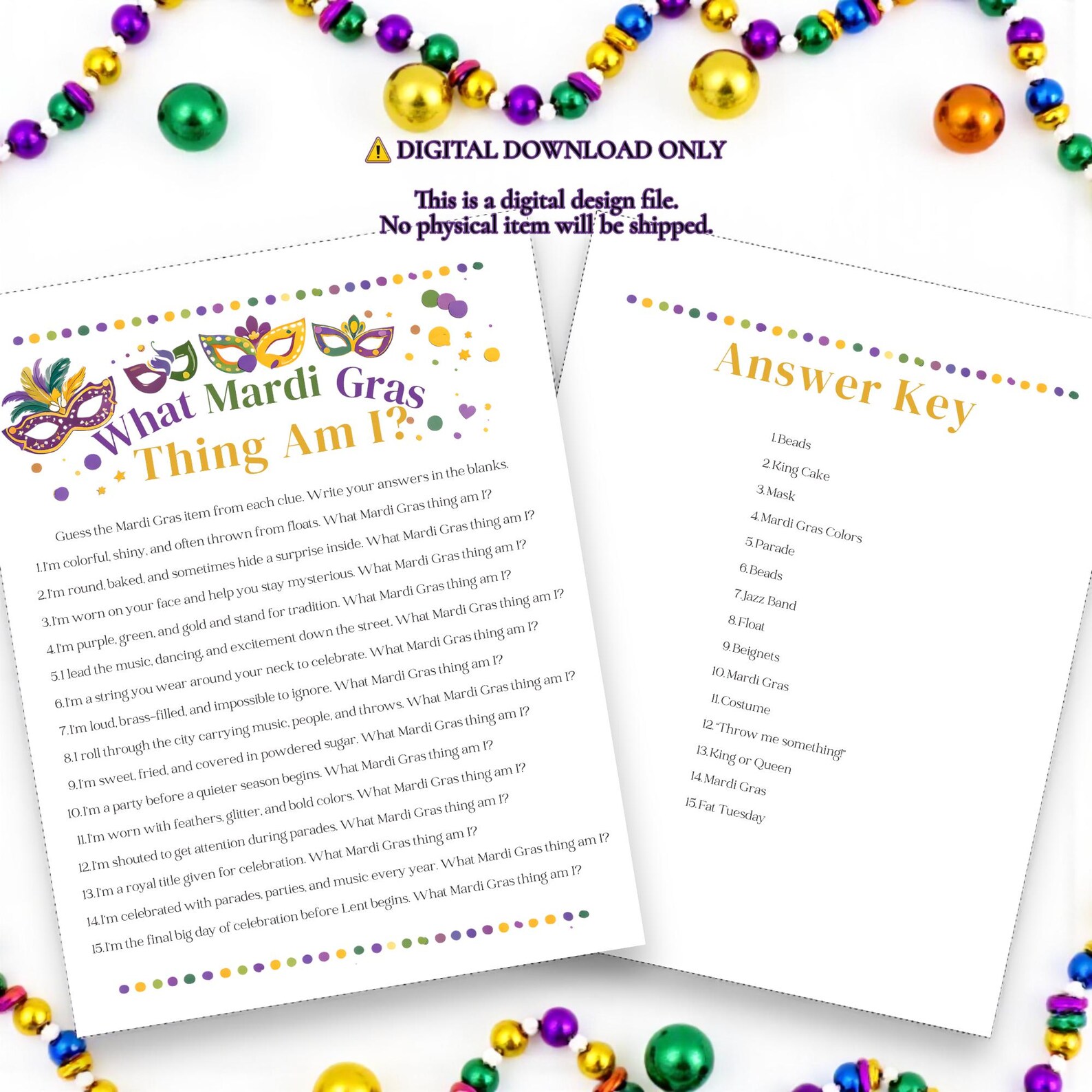 What Mardi Gras Thing Am I? Printable Party Game | Mardi Gras Activity ...