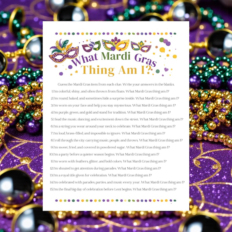 What Mardi Gras Thing Am I? Printable Party Game | Mardi Gras Activity ...