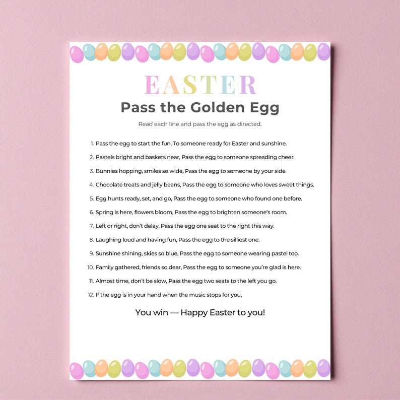 Pass the Golden Egg Game Printable | Easter Party Game for Kids ...