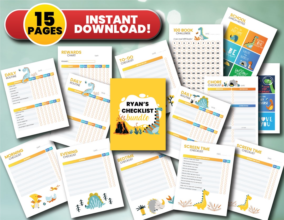 Kids Dino Printable Planner Bundle, Kids Reading Checklist, Kids ...