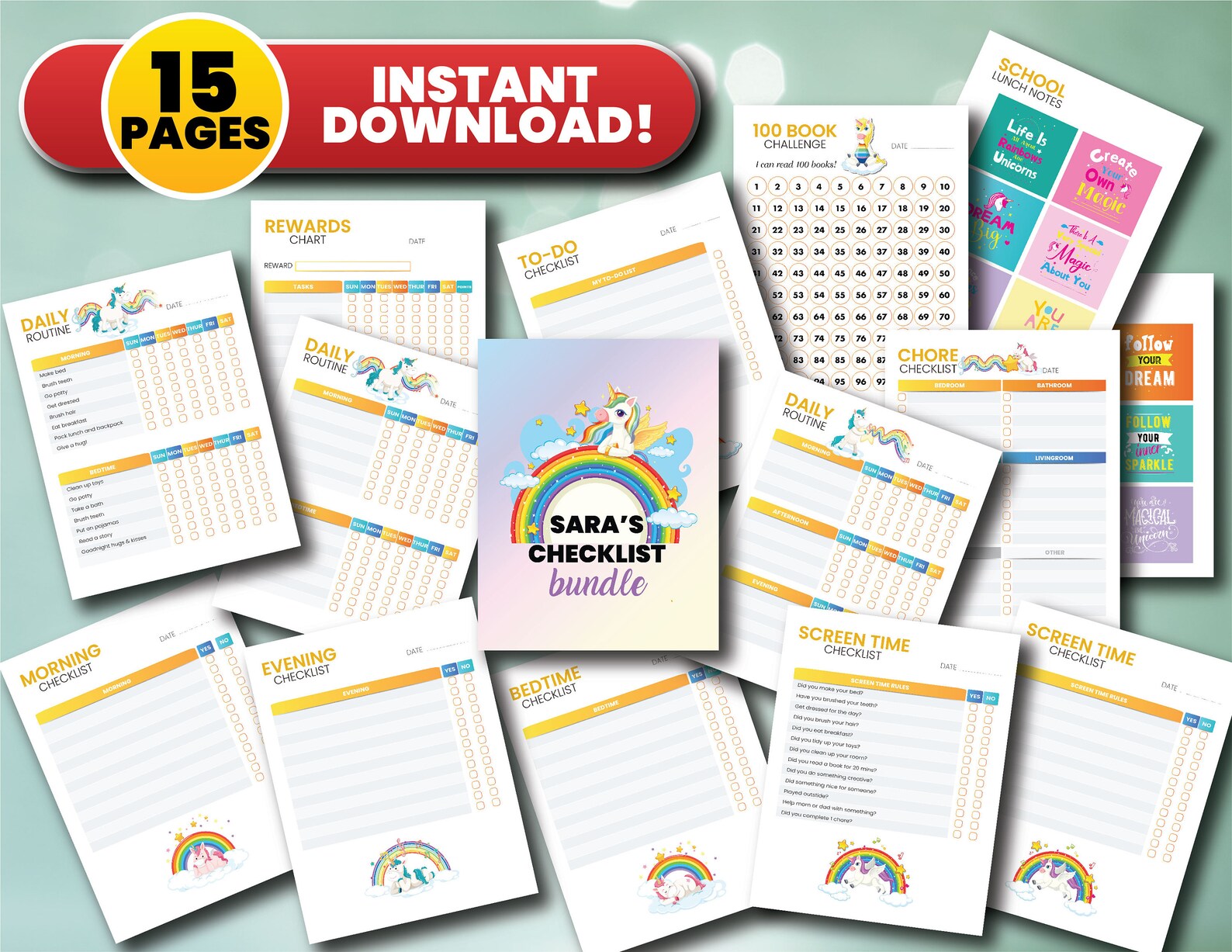 Kids Unicorn Printable Planner Bundle, Kids Reading Checklist, Kids ...