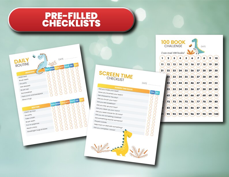 Kids Dino Printable Planner Bundle, Kids Reading Checklist, Kids ...