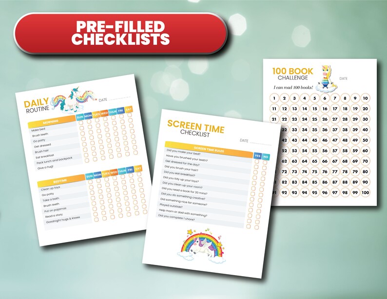 Kids Unicorn Printable Planner Bundle, Kids Reading Checklist, Kids ...