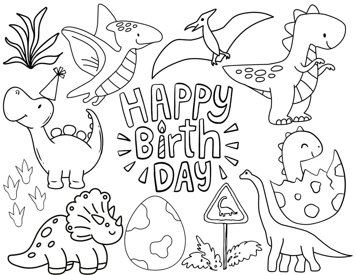 DIGITAL DOWNLOAD - Happy Birthday Dinosaur Coloring Page, Dinos, Color ...