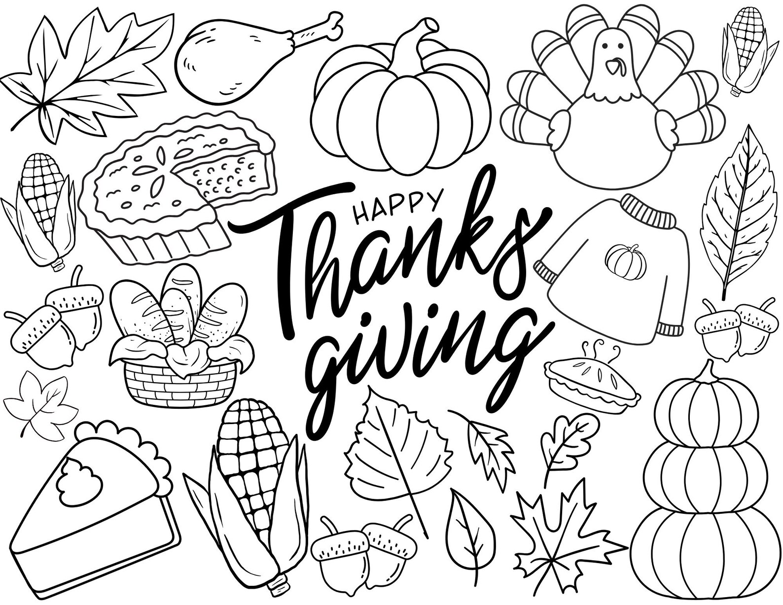 DIGITAL DOWNLOAD - Happy Thanksgiving Coloring Page, Turkey, Pumpkin ...