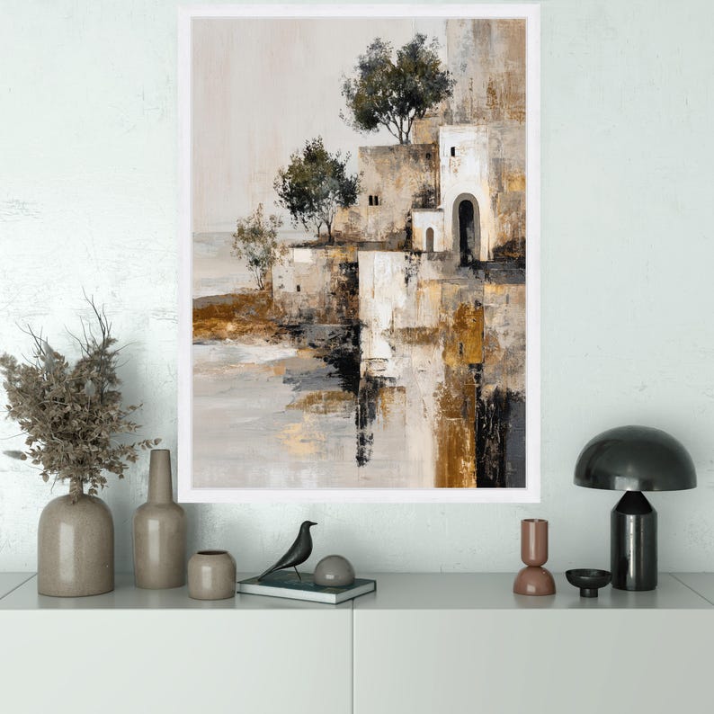 Abstract Mediterranean Village Canvas, Rustic Coastal Wall Art, Earth ...