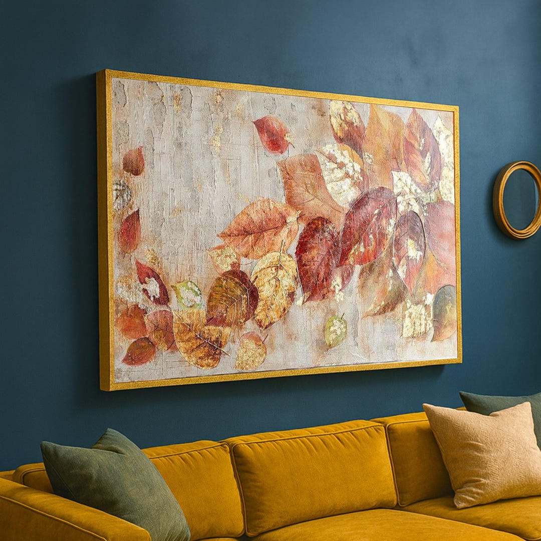 Autumn Leaves Canvas Wall Art, Rustic Fall Foliage Canvas, Gold Accent ...