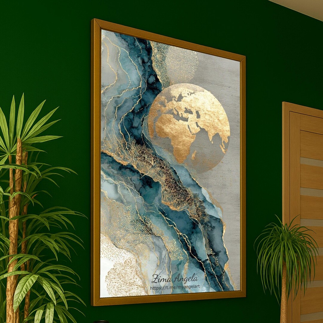 Golden Earth Globe Canvas, Abstract Blue Wall Art, Modern Geometric ...