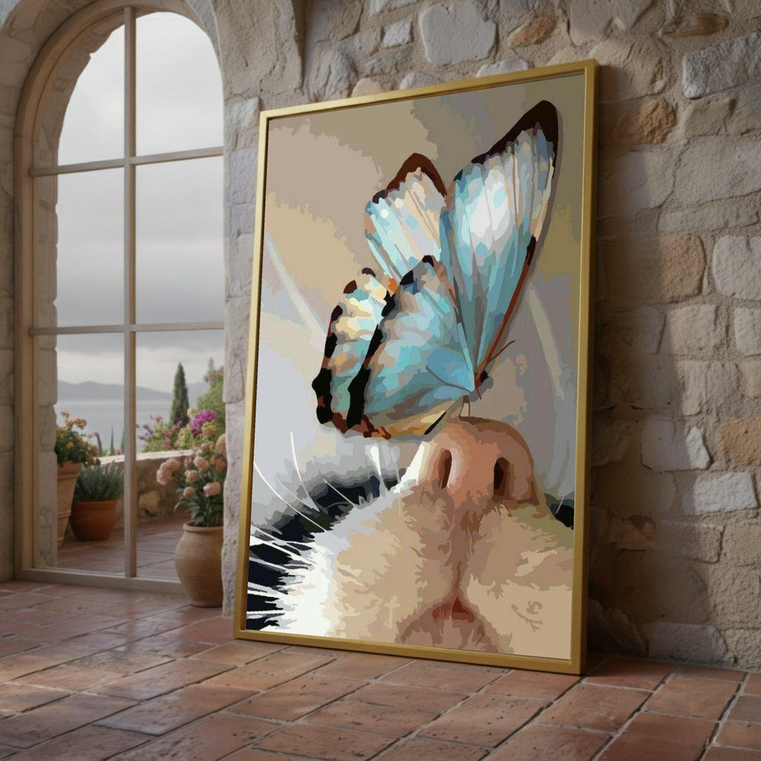 Gentle Cat Nose With Blue Butterfly Canvas Print, Whimsical Animal Wall ...