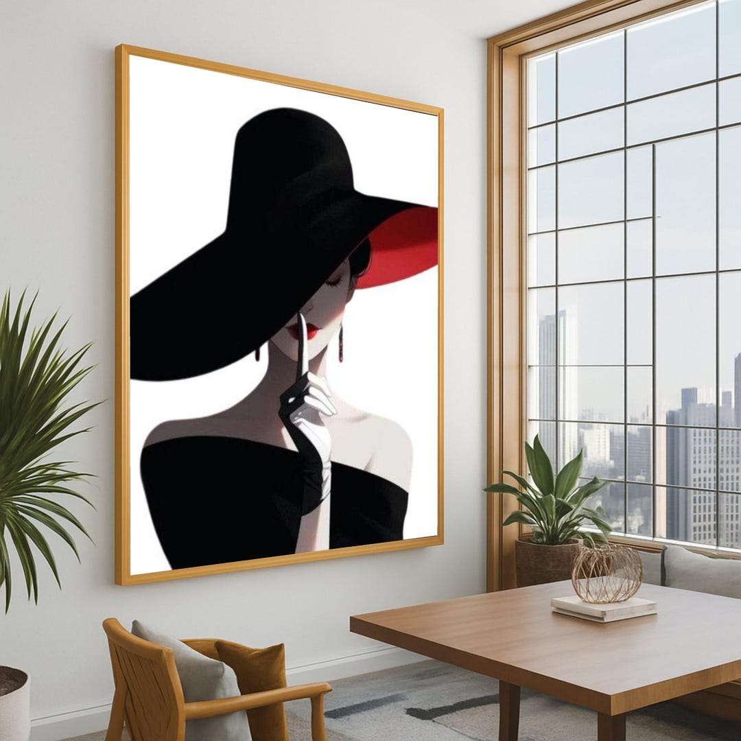 Elegant Woman With Black Hat Canvas, Fashion Illustration Wall Art ...