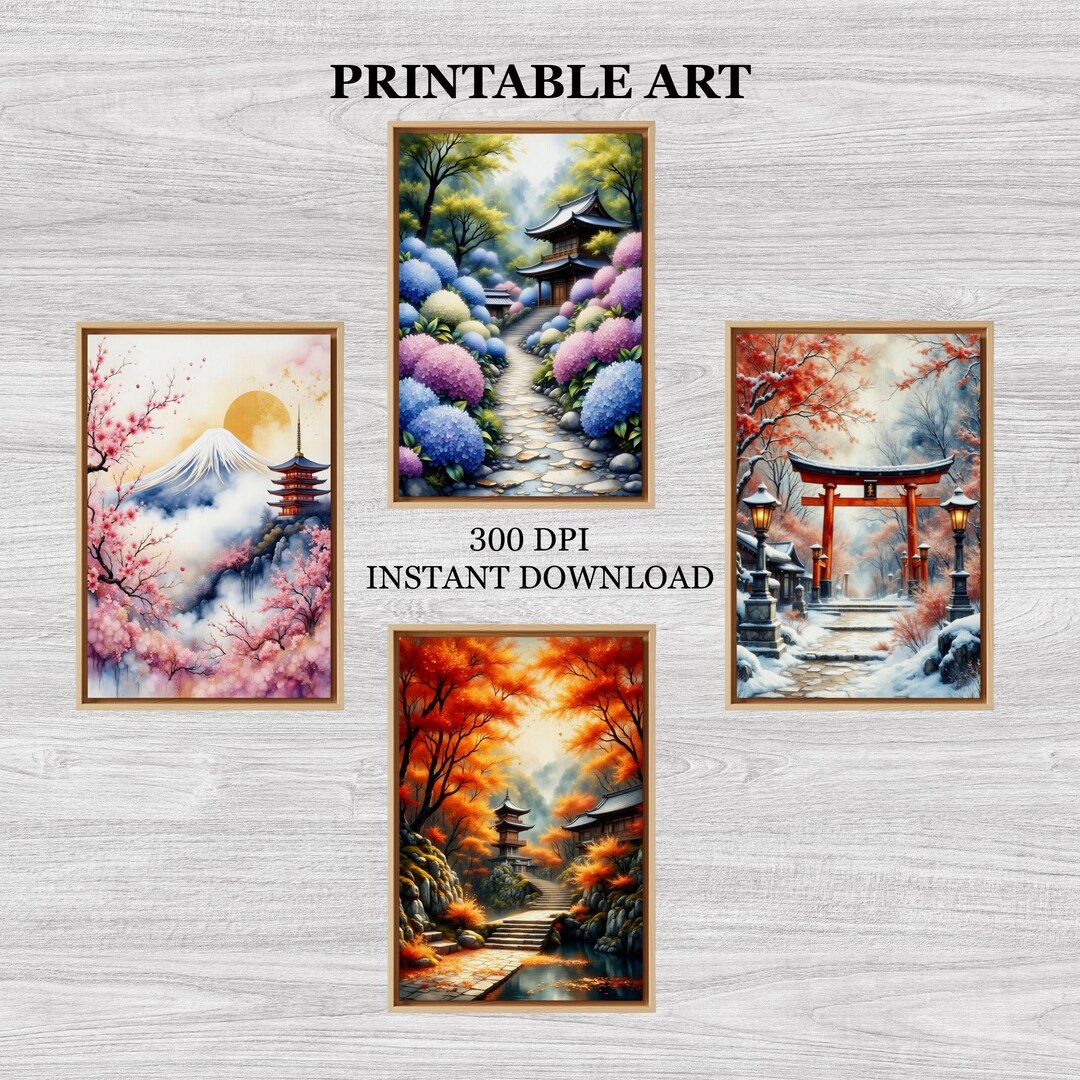 Japan Four Seasons Digital Art Set Cherry Blossoms to Winter Snow ...
