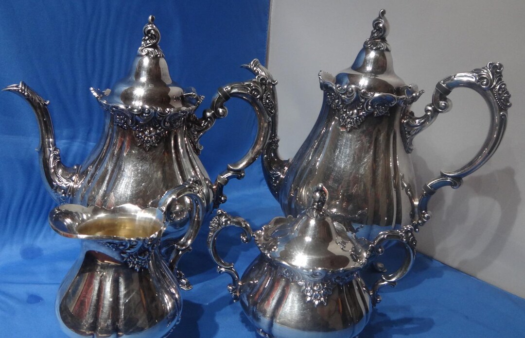Baroque by Wallace Silver Plated Coffee Teapot Creamer Sugar Bowl Set ...