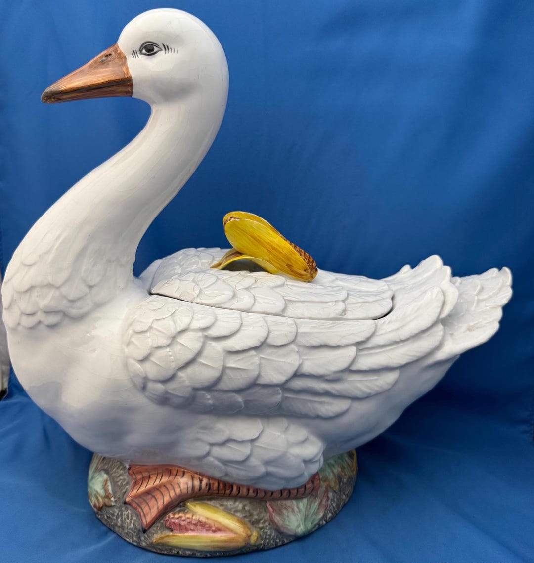 Vintage Italian Majolica Style Large Ceramic Goose Tureen Partridge