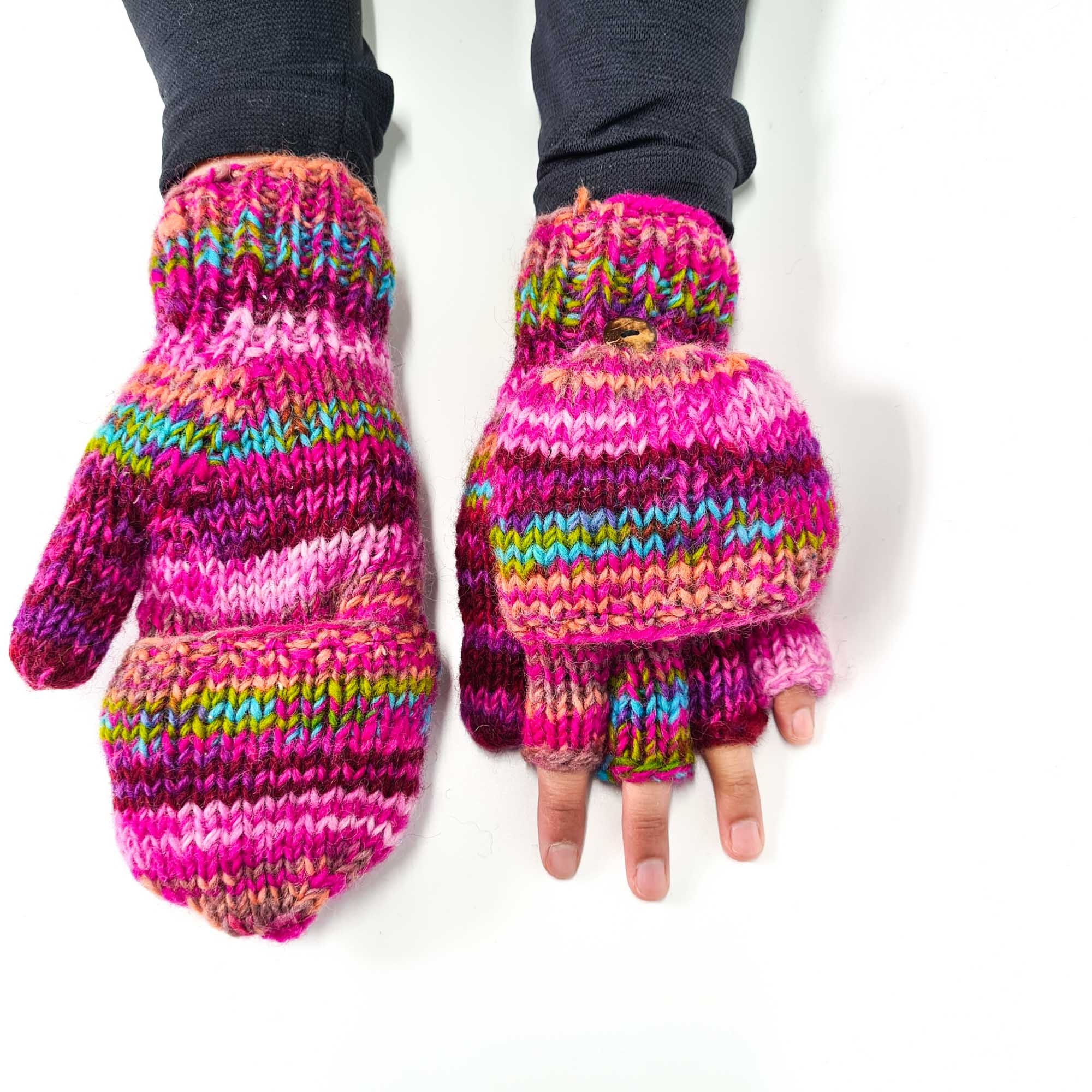 Pink PURE WOOL Gloves HANDKNITTED Warm Winter Fingerless Mittens Nepal ...