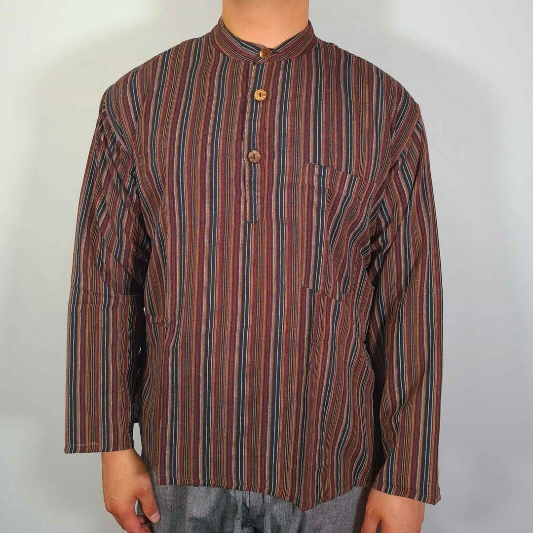 Mens Kurta Striped Handmade Long Sleeve Shirt Indian Clothing Nepal ...