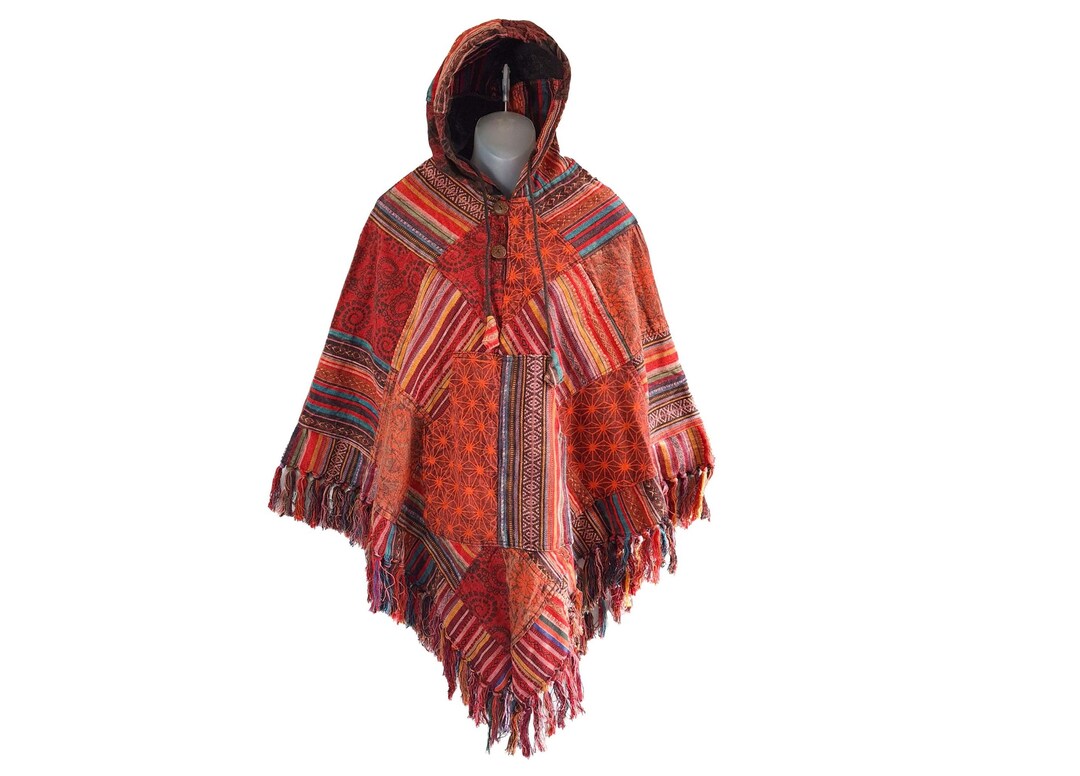 Handmade Patchwork Poncho Red Nepal Hood Mexican Colourful Boho ...