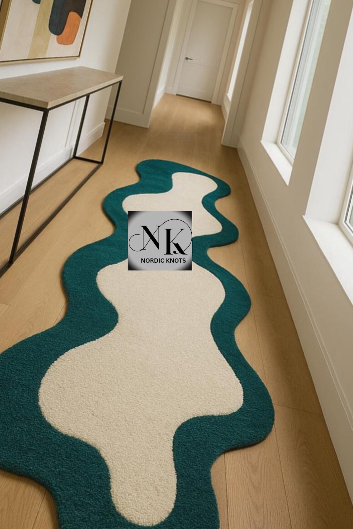 Teal Wool Hallway Runner Rug: Modern Abstract Ripple Design - Etsy